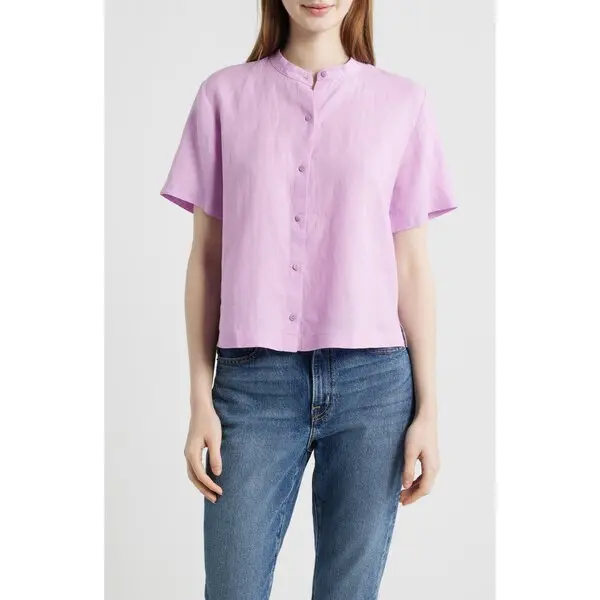 Eileen Fisher Organic Linen Band Collar Shirt - Bright Aster