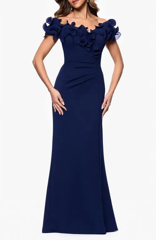 XSCAPE EVENINGS Lace Detail Off-the-shoulder Gown - Navy