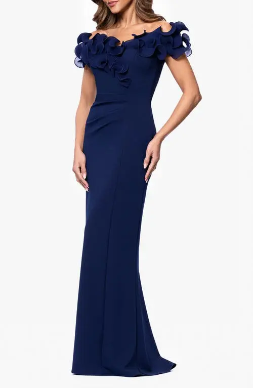 XSCAPE EVENINGS Lace Detail Off-the-shoulder Gown - Navy