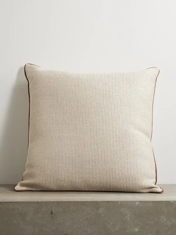 Brunello Cucinelli Bead-embellished Leather-trimmed Woven Cotton-blend Cushion - Neutrals