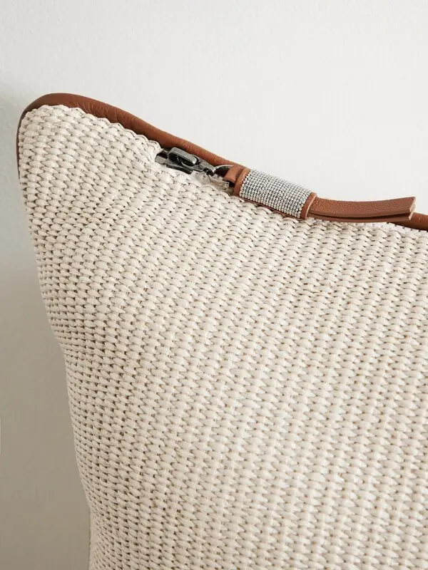 Brunello Cucinelli Bead-embellished Leather-trimmed Woven Cotton-blend Cushion