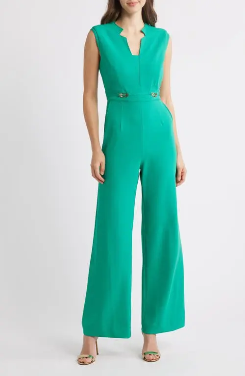 TAHARI ASL Notched Neck Sleeveless Jumpsuit - Jade