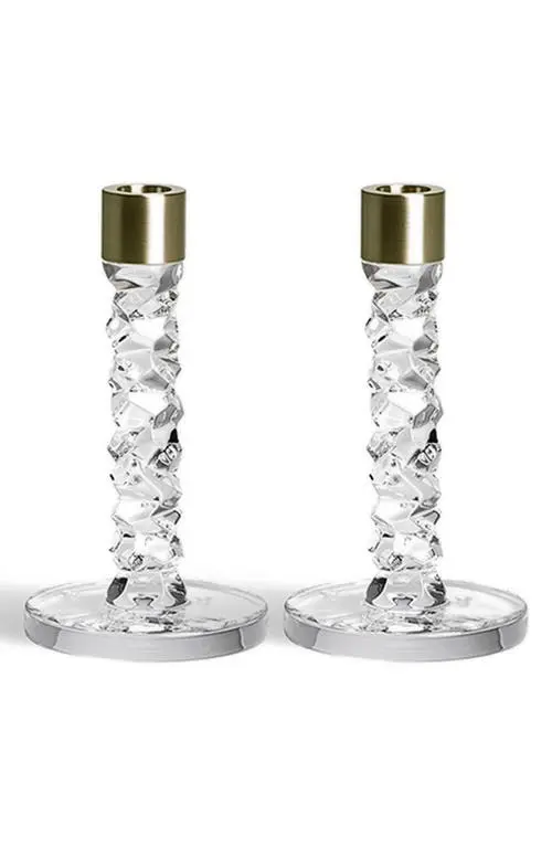 ORREFORS Carat Set Of 2 Small Crystal & Candlesticks - Brass