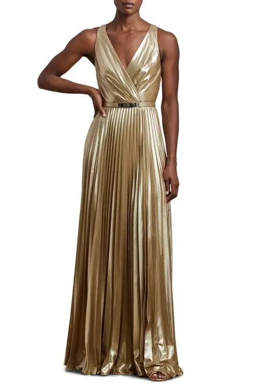 Ralph Lauren Pleated Metallic Chiffon Gown