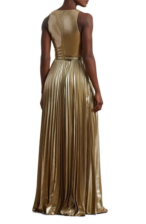 Ralph Lauren Pleated Metallic Chiffon Gown
