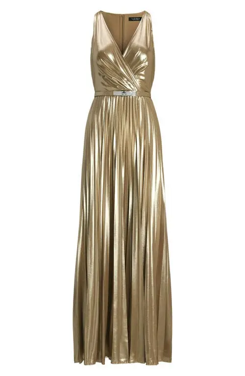 Ralph Lauren Pleated Metallic Chiffon Gown