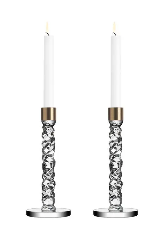 ORREFORS Carat Set Of 2 Medium Crystal & Candlesticks