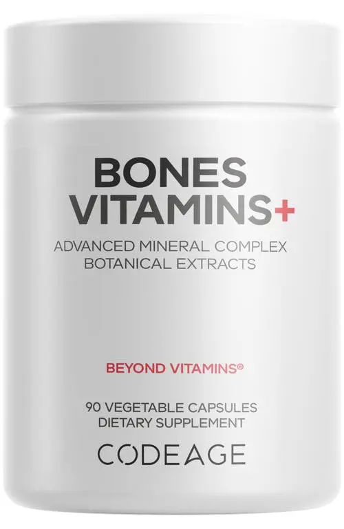 CODEAGE Bones Vitamins+vitamin D3 & K2, Vitamin C, Calcium, Magnesium, Zinc, Hesperidin, L-lysine, Manganese, Horsetail, Cissus - White