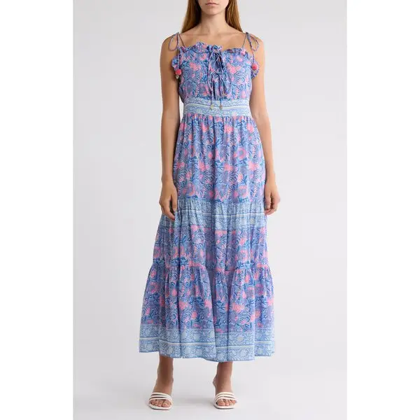 ALICIA BELL Libra Ruffle Tiered Cotton & Silk Cover-up Sundress - Blue Pink Print