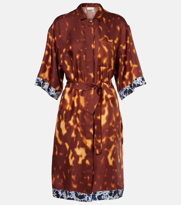Dries Van Noten Belted Printed Silk Shirt Dress - Brown