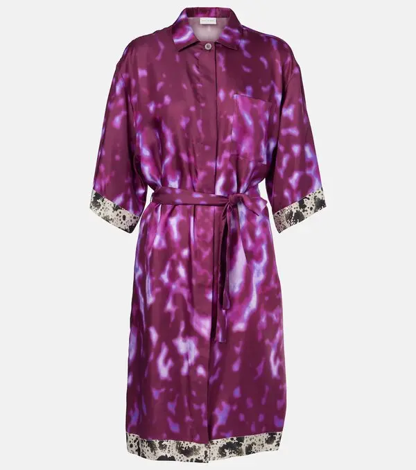 Dries Van Noten Belted Printed Silk Shirt Dress - Pink