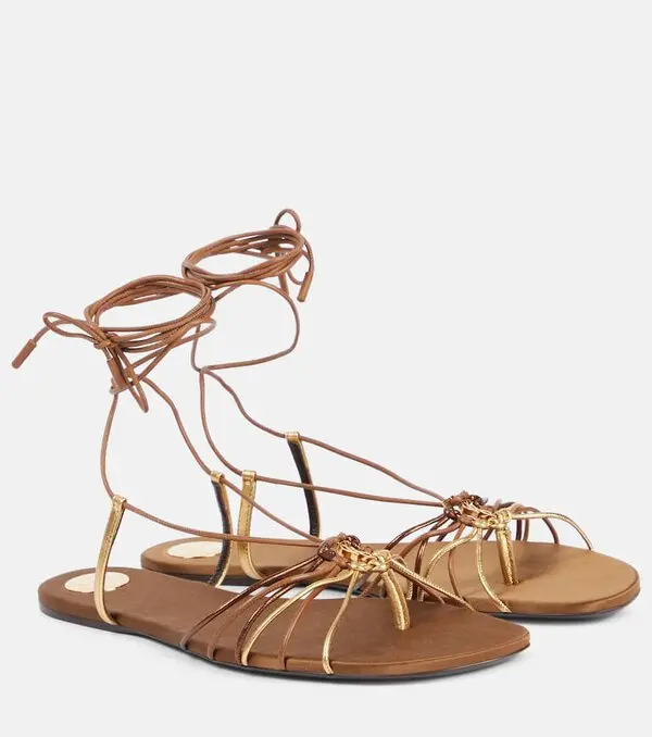 Saint Laurent Babylone Cassandre Leather Sandals - Gold