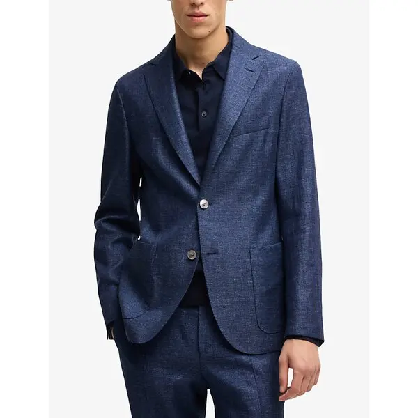 BOSS Notched-lapel Single-breasted Slim-fit Woven Blazer - Dark Blue