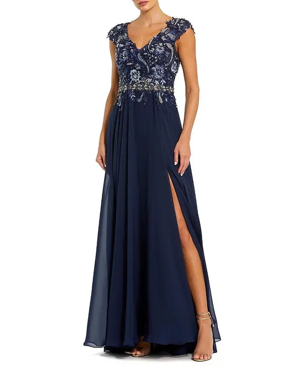 Mac Duggal Embellished Cap Sleeve Gown With Flowy Skirt And Slit - Midnight