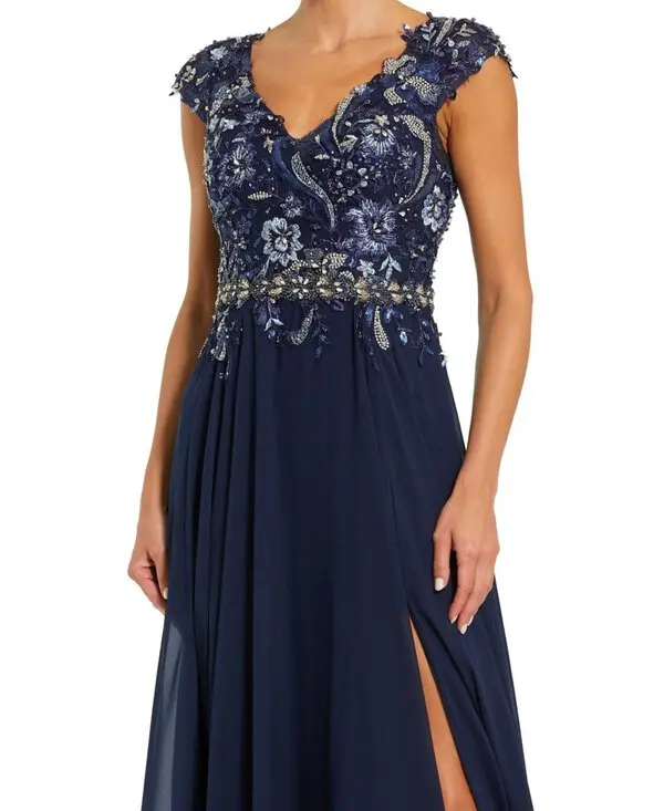 Mac Duggal Embellished Cap Sleeve Gown With Flowy Skirt And Slit - Midnight