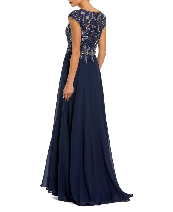 Mac Duggal Embellished Cap Sleeve Gown With Flowy Skirt And Slit - Midnight
