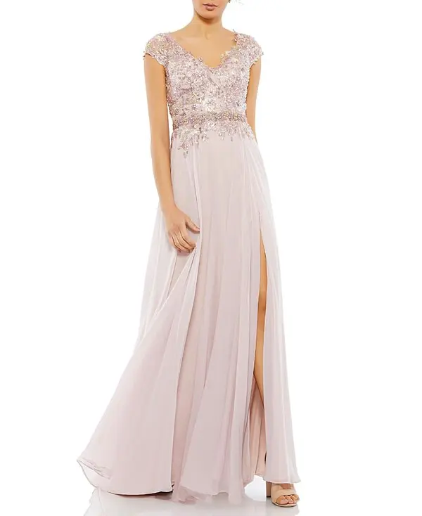 Mac Duggal Embellished Cap Sleeve Gown With Flowy Skirt And Slit - Rose