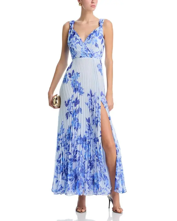 Aqua Floral Pleated Maxi Dress - Blue Multi