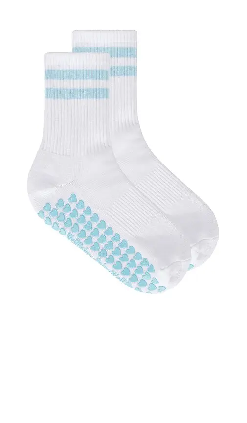 WELLBEING + BEINGWELL Striped Half Crew Grip Socks - White & Ice Blue