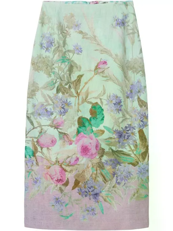 La DoubleJ Floral Stamp Pencil Skirt - Green