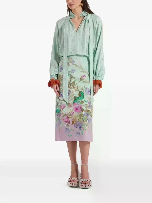 La DoubleJ Floral Stamp Pencil Skirt - Green