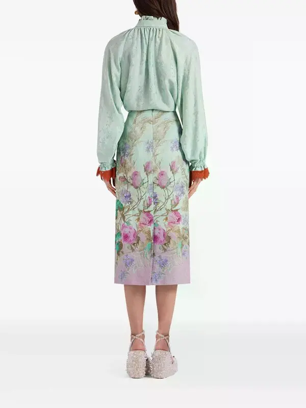 La DoubleJ Floral Stamp Pencil Skirt - Green