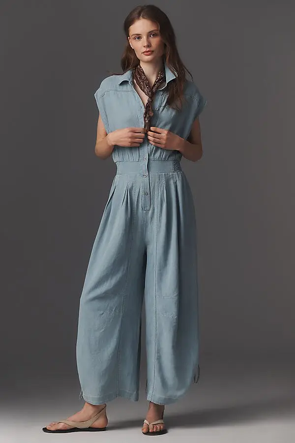 Anthropologie 100% Cotton Wide-leg Jumpsuit - Light Denim