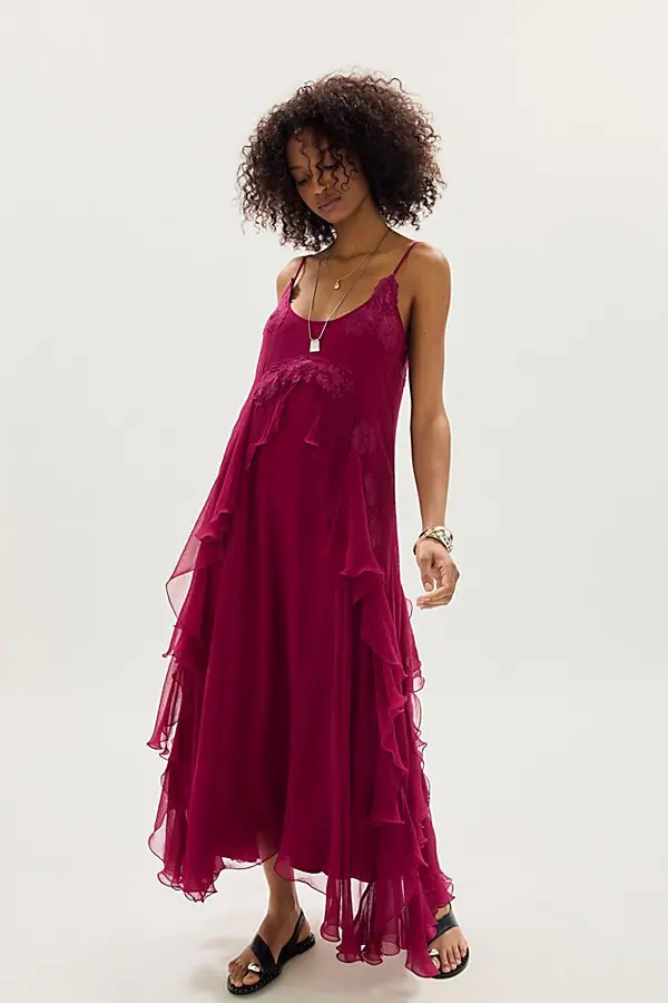NIGEL PRESTON Chiffon Maxi Dress With Ruffled Detailing - Damson