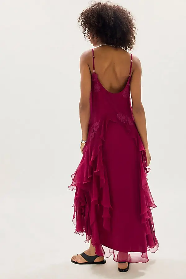 NIGEL PRESTON Chiffon Maxi Dress With Ruffled Detailing - Damson