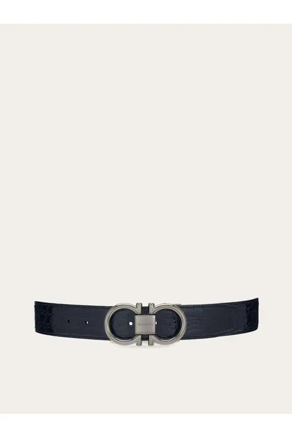 FERRAGAMO Adjustable Gancini Crocodile Leather Belt - Blue