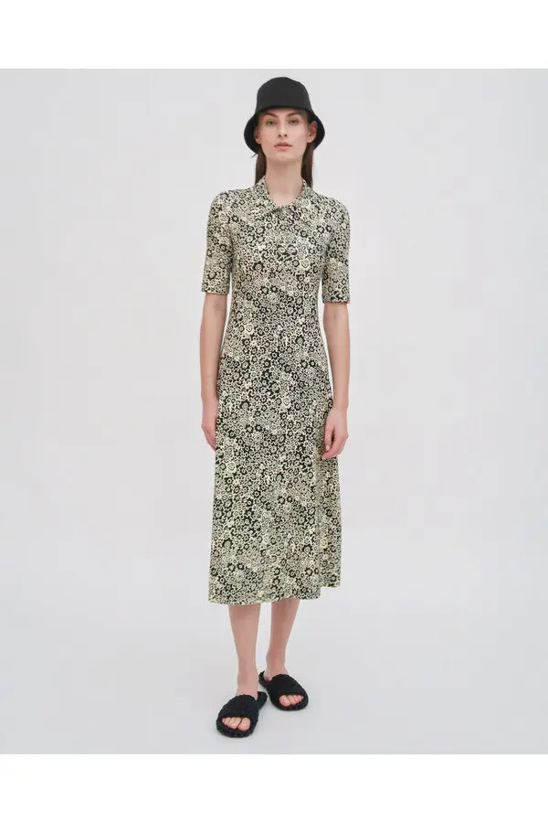 Rosetta Getty Floral Squiggle Polo Midi Dress - Black