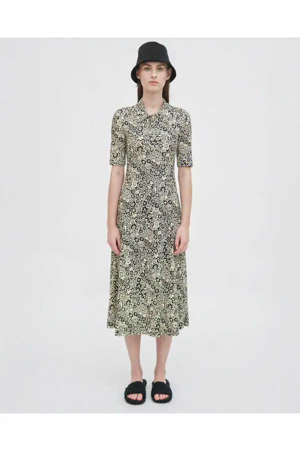 Rosetta Getty Floral Squiggle Polo Midi Dress - Black