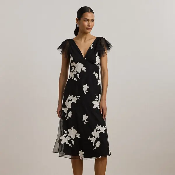 Ralph Lauren Floral-Appliqu Tulle Cocktail Dress In Black/Mascarpone Cream  - 20% Off | Editorialist