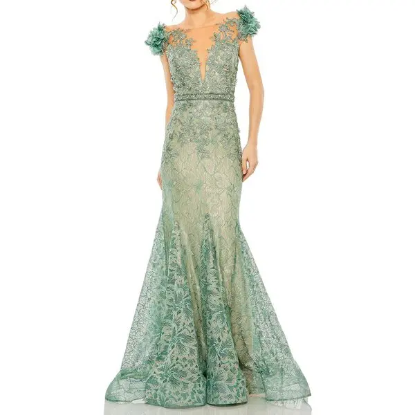 Mac Duggal Embroidered Illusion Trumpet Gown - Sage