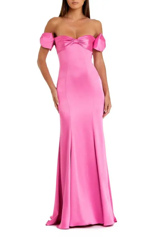 Mac Duggal Off-the-shoulder Bow Satin Mermaid Gown - Pink