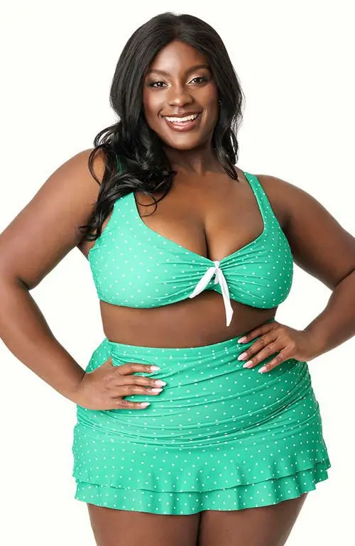 Unique Vintage Molded Cup Swim Top With Bow - Green/white Dot