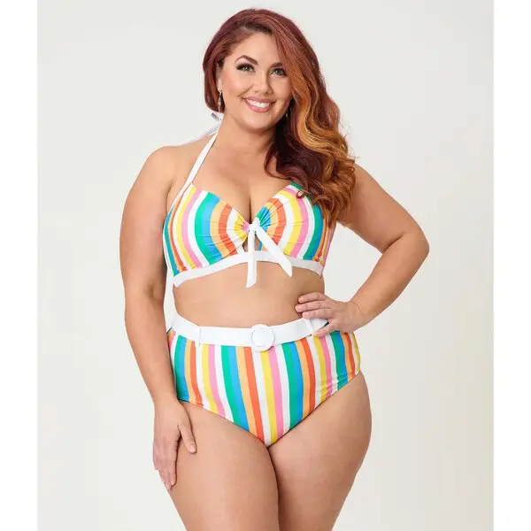 Unique Vintage Bow Halter Swim Top - Blue Rainbow Stripe