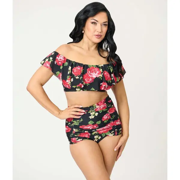 Unique Vintage Ruffled Ramona Swim Top - Black Cabbage Rose Print