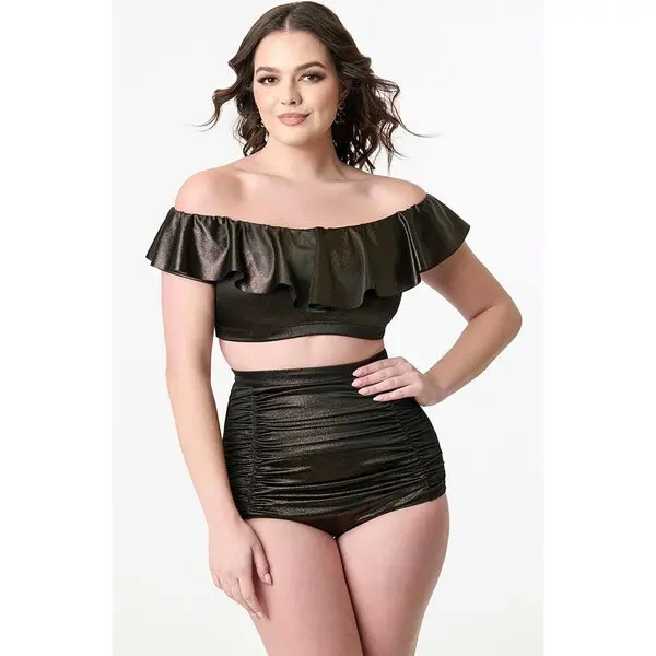 Unique Vintage Ruffled Ramona Swim Top - Black Gold Shimmer