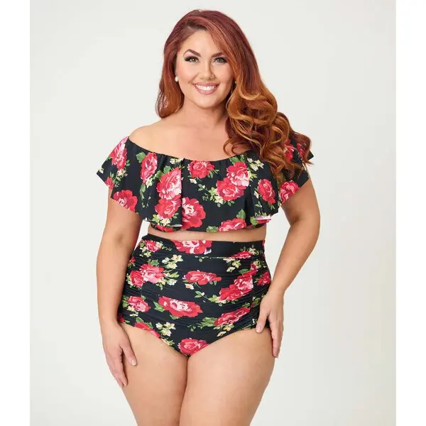 Unique Vintage Ruffled Ramona Swim Top - Black Cabbage Rose Print
