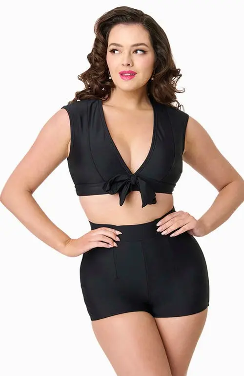 Unique Vintage Full Coverage Bow Swim Top - Black