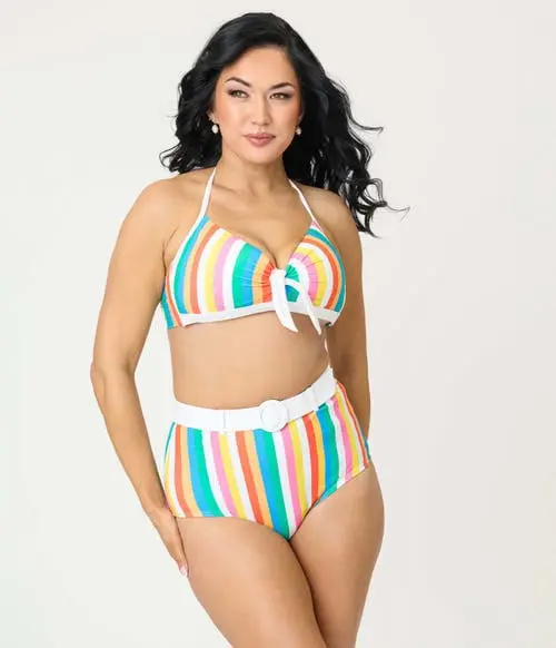 Unique Vintage Bow Halter Swim Top - Blue Rainbow Stripe