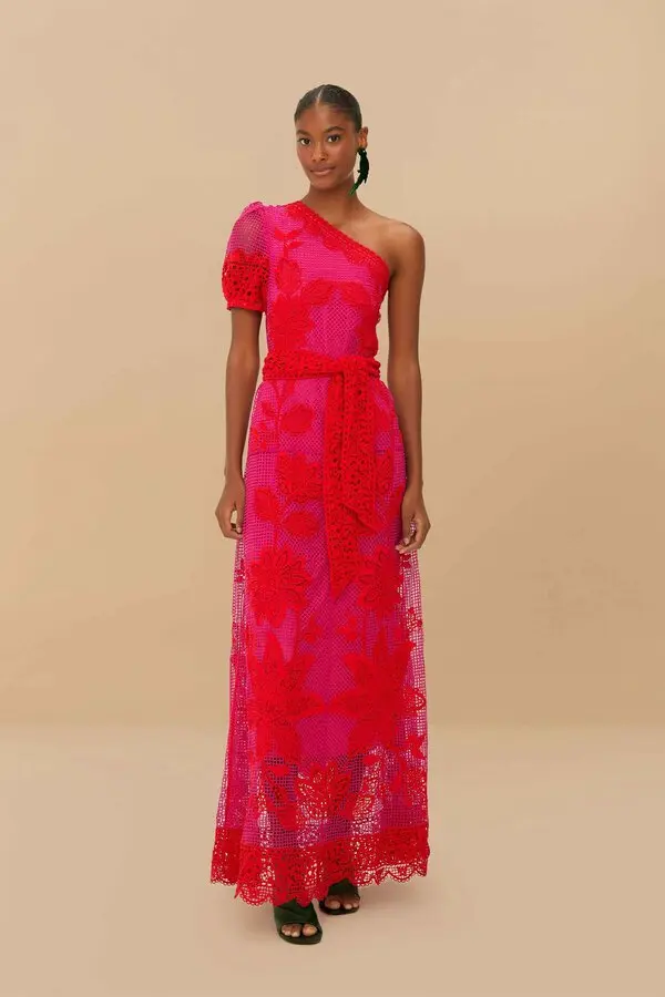 Farm Rio Bicolor Guipure One-Shoulder Maxi Dress - Red | Editorialist