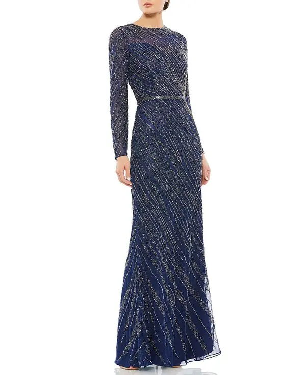 Mac Duggal Long Sleeve Beaded Column Gown - Midnight