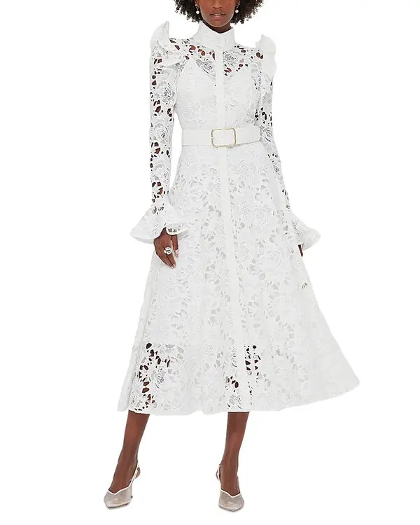 Leo Lin Aliyah Lace Belted Midi Dress Snow 60% Off Editorialist