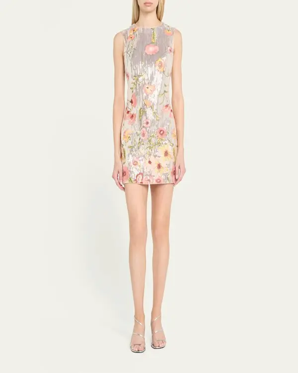 MILLY Ivette Floral-embroidered Sequin Mini Dress - Silver Mul