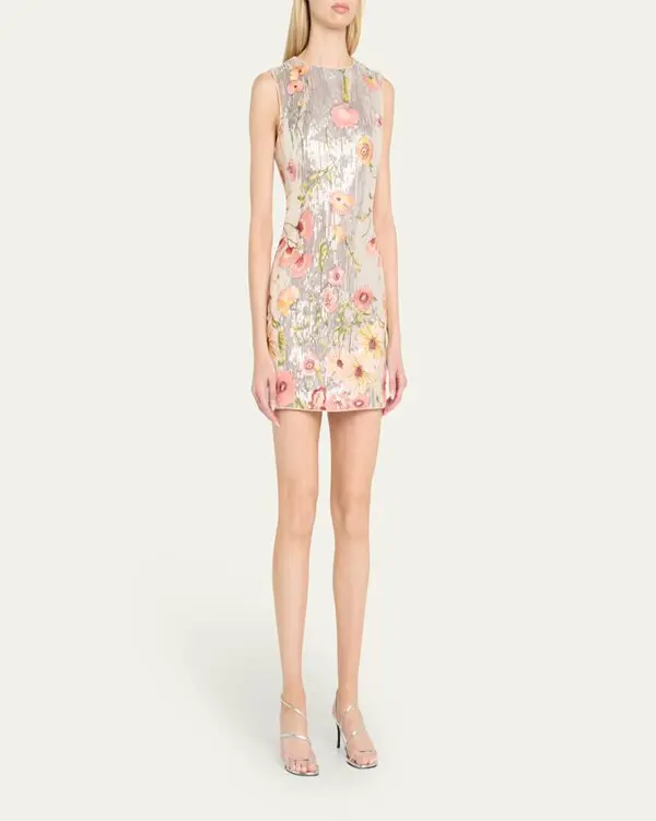 MILLY Ivette Floral-embroidered Sequin Mini Dress - Silver Mul