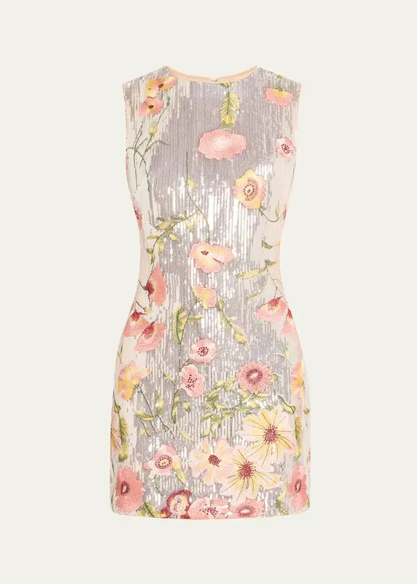 MILLY Ivette Floral-embroidered Sequin Mini Dress - Silver Mul