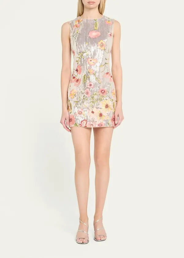 MILLY Ivette Floral-embroidered Sequin Mini Dress - Silver Mul