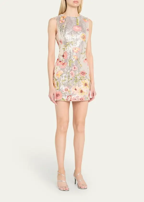 MILLY Ivette Floral-embroidered Sequin Mini Dress - Silver Mul
